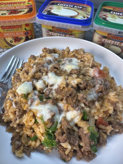 Taco Rice with Queso - Gordos Cheese Dip